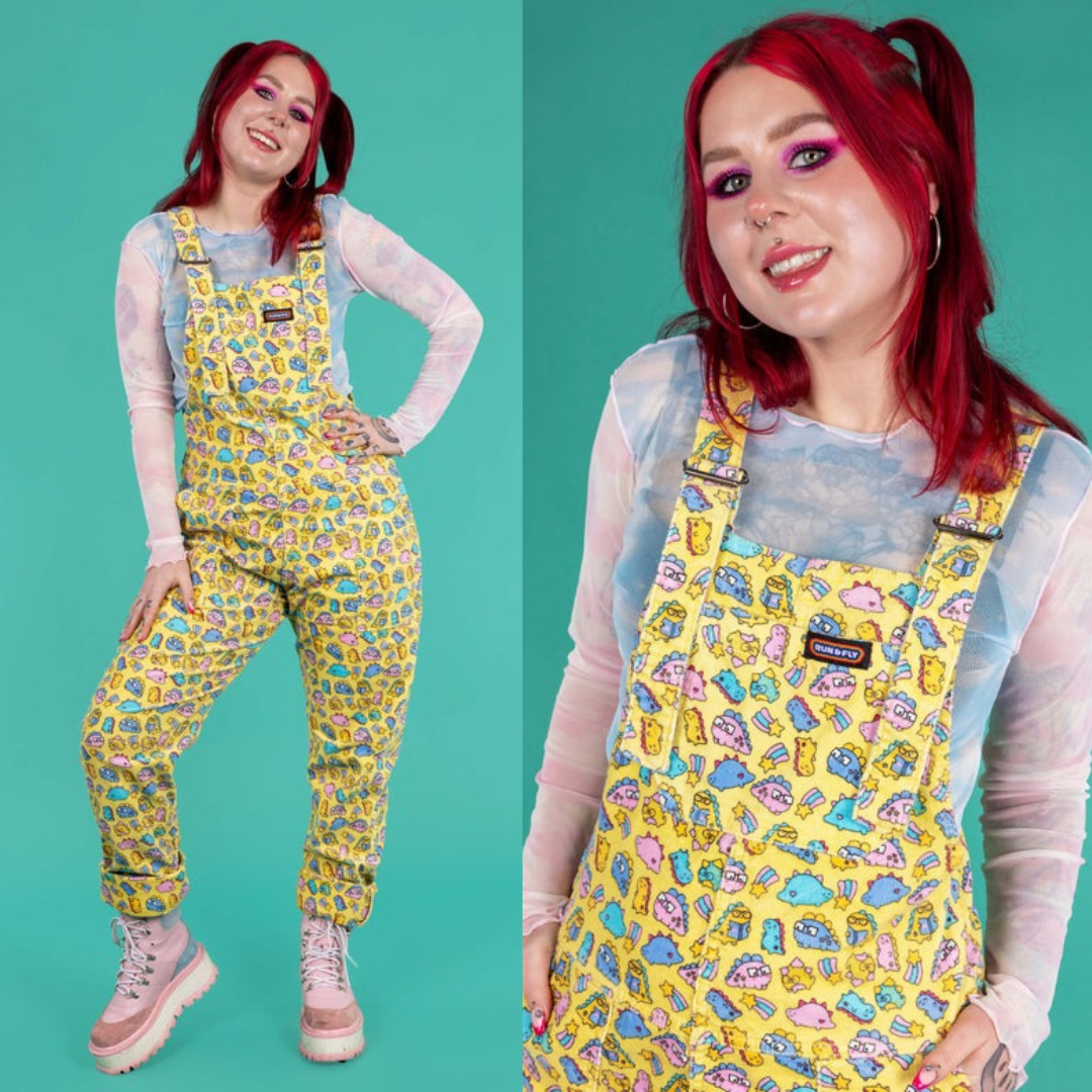 Run and Fly Sugar and Sloth Chonky Dinosaur Stretch Corduroy Dungarees ...