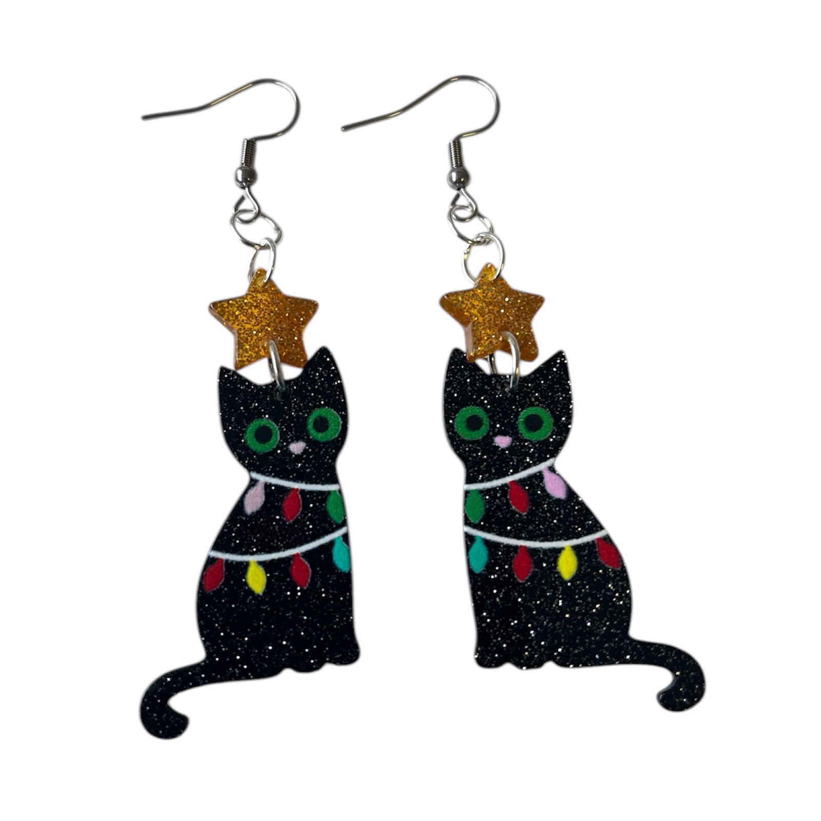 Cute Christmas Acrylic Cat in Fairy Lights Earrings Dangle/Drop Quirky ...