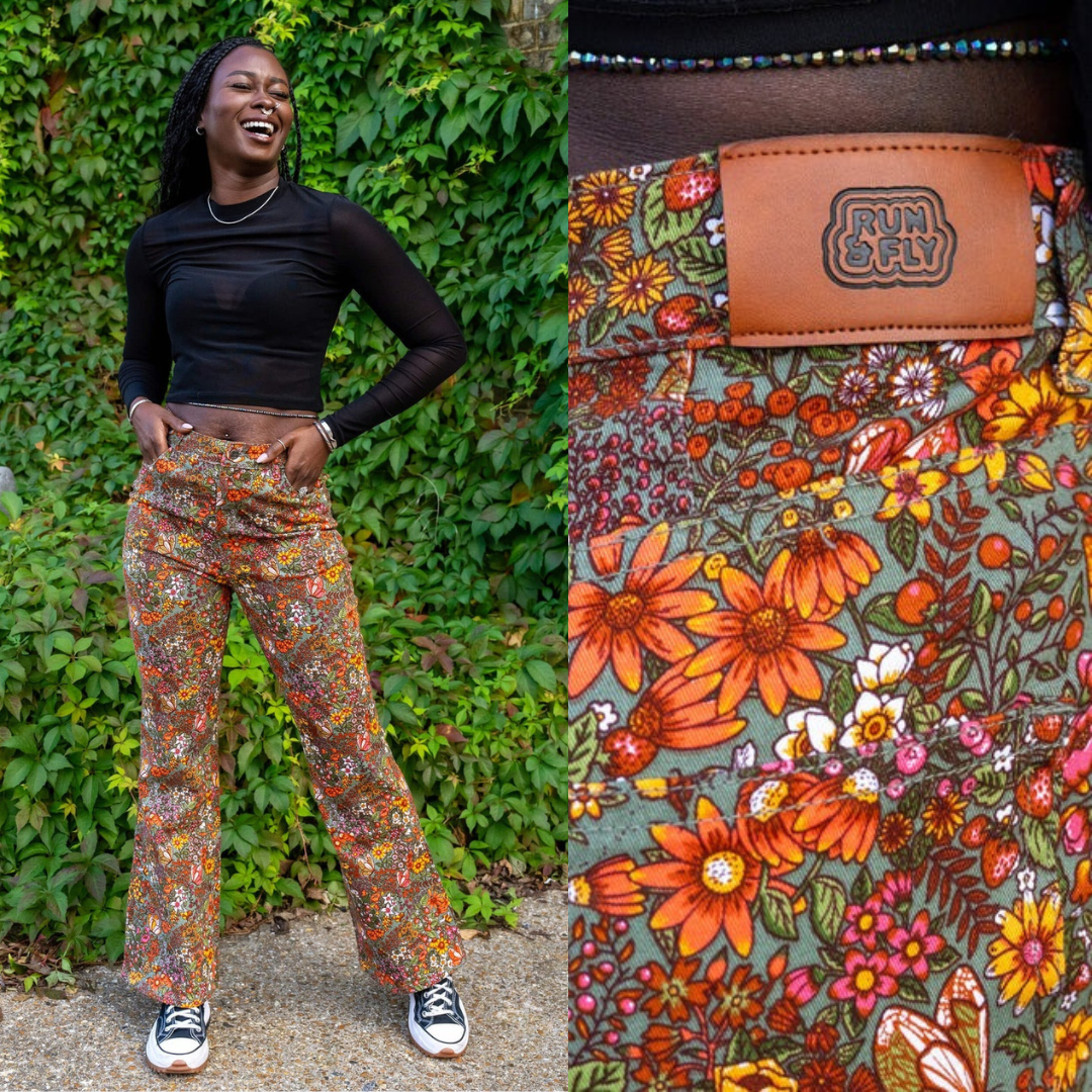 Run and Fly Cottagecore Floral Print Wide Leg Jeans Flares Retro ...