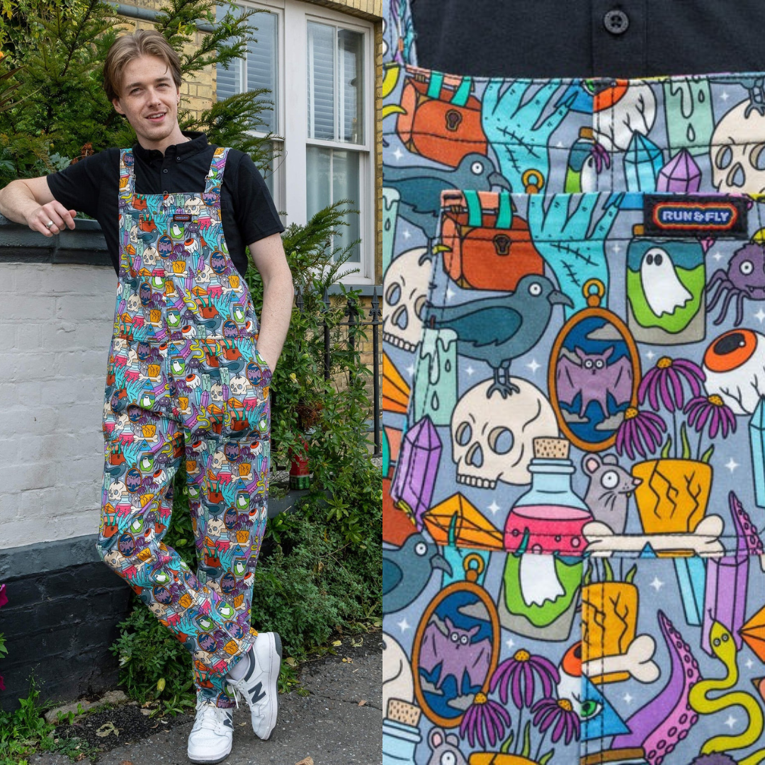 Run and Fly Spooky Stuff Wafflemama Print Dungarees Overalls Unisex ...