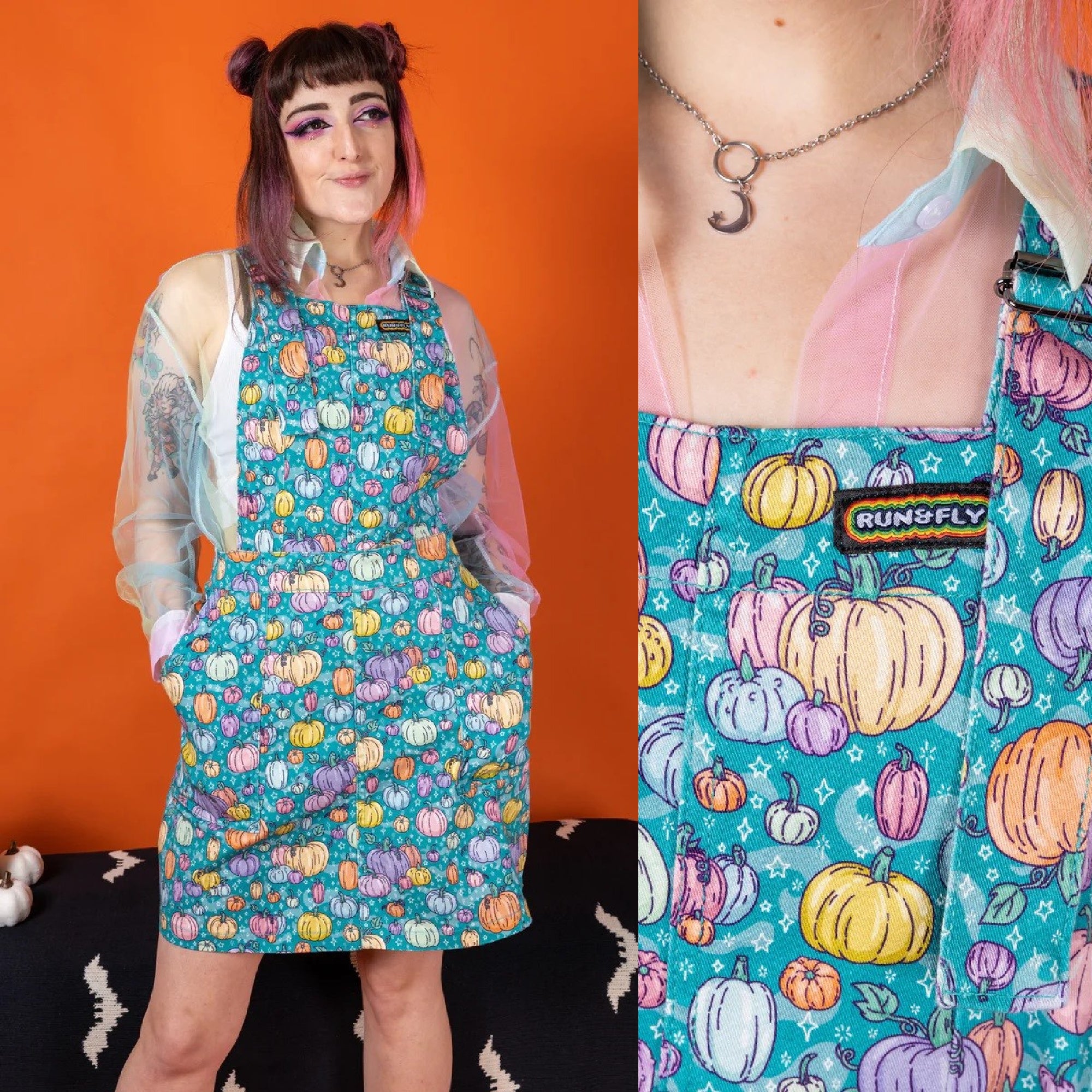 Run and Fly Halloween Rainbow Pumpkin Patch Print Pinafore Dungaree ...
