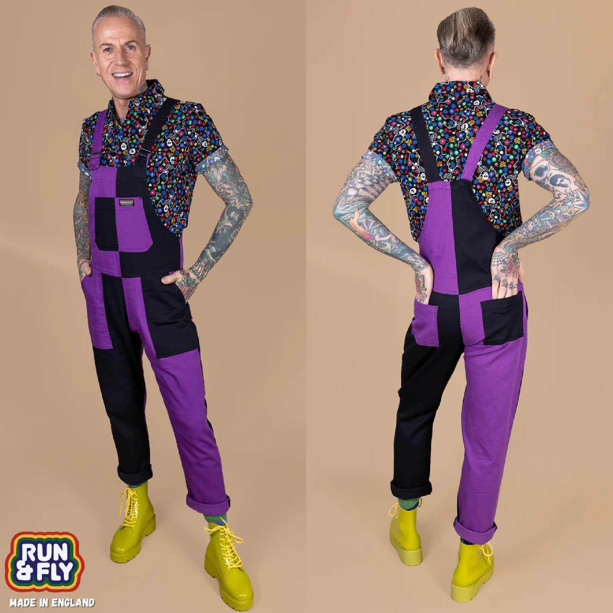 Run and Fly PURPLE BLACK TWO TONE Dungarees Jumpsuit Overalls Unisex ...